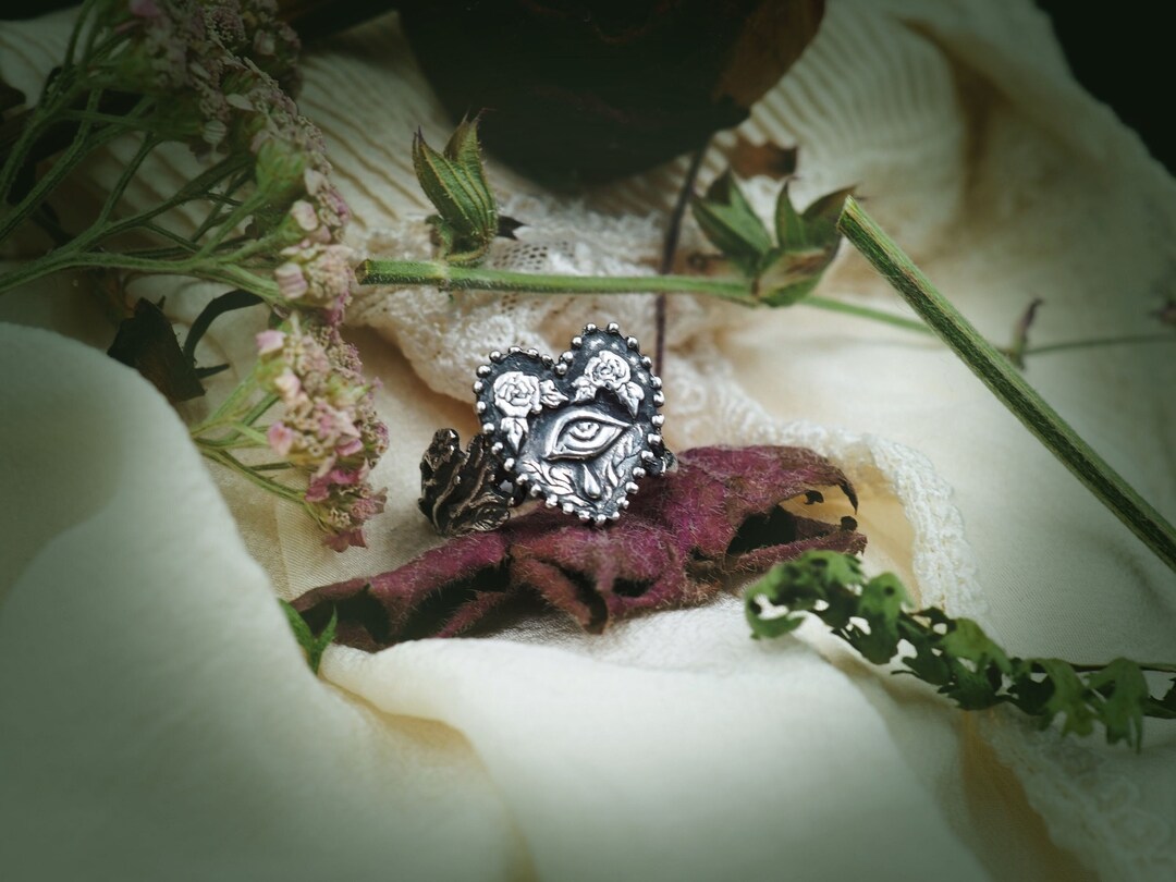Crying Eye Sterling Silver Ring. Heart Shaped Ring With Roses ...