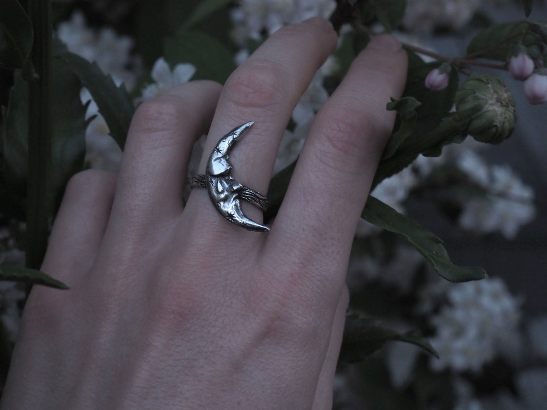 Crescent Moon Sterling Silver Ring, Sleeping Sad Mr Moon Face Ring ...