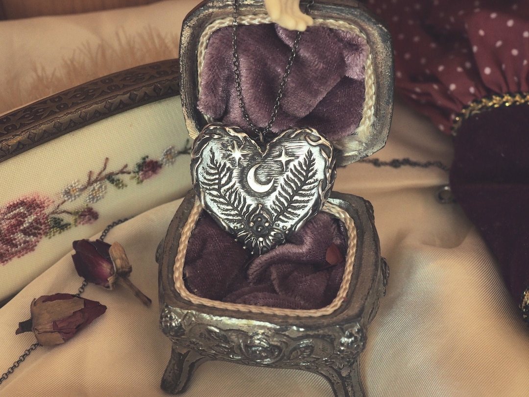 Floral Heart-shaped Sterling Silver Necklace, Fern Flower & Crescent ...