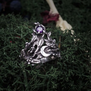 Woodland Diadem Ring With Crescent Moon, Sterling Silver Forest Crown ...