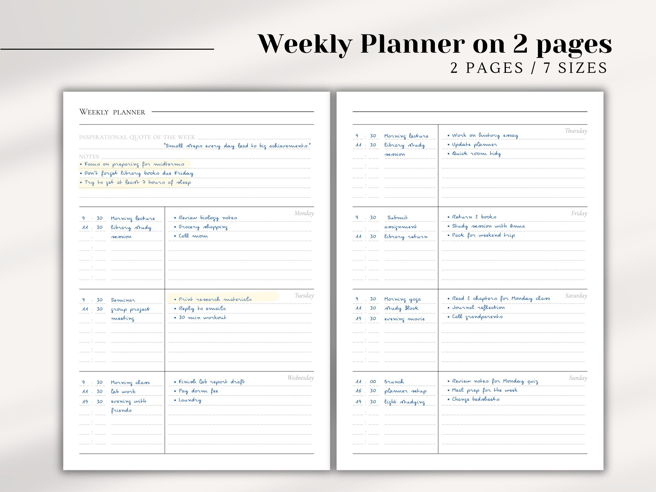Weekly Planner, Week on 2 Pages, Week at a Glance, Weekly Schedule ...