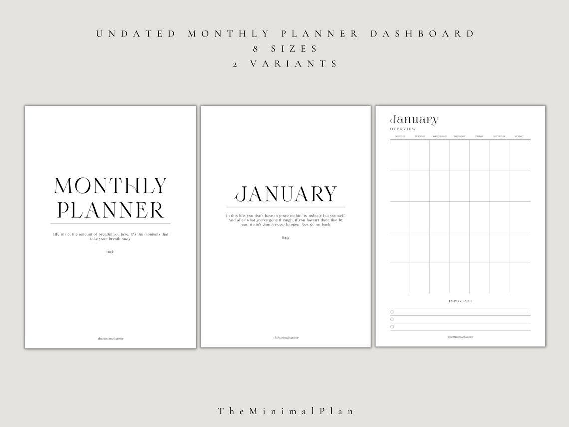 Undated Monthly Calendar, Printable Planner, Dashboard Planner, Inserts ...