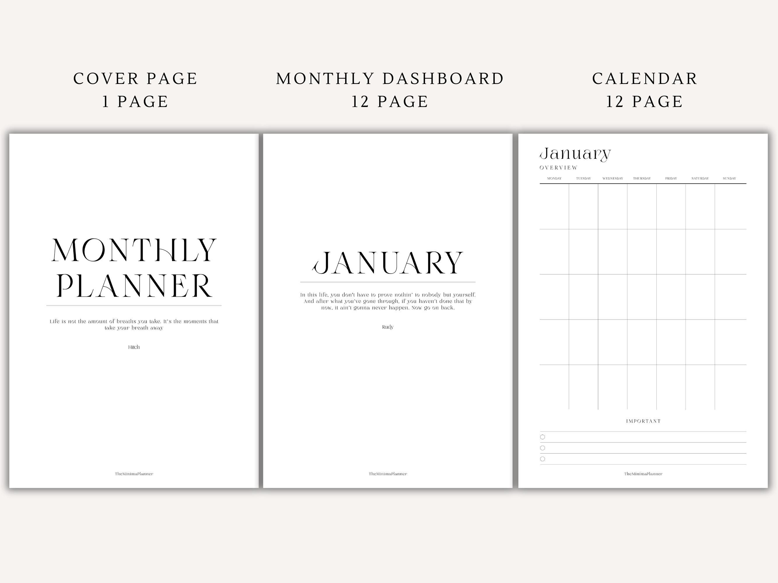 Undated Monthly Calendar, Printable Calendar, Planner Dashboard ...