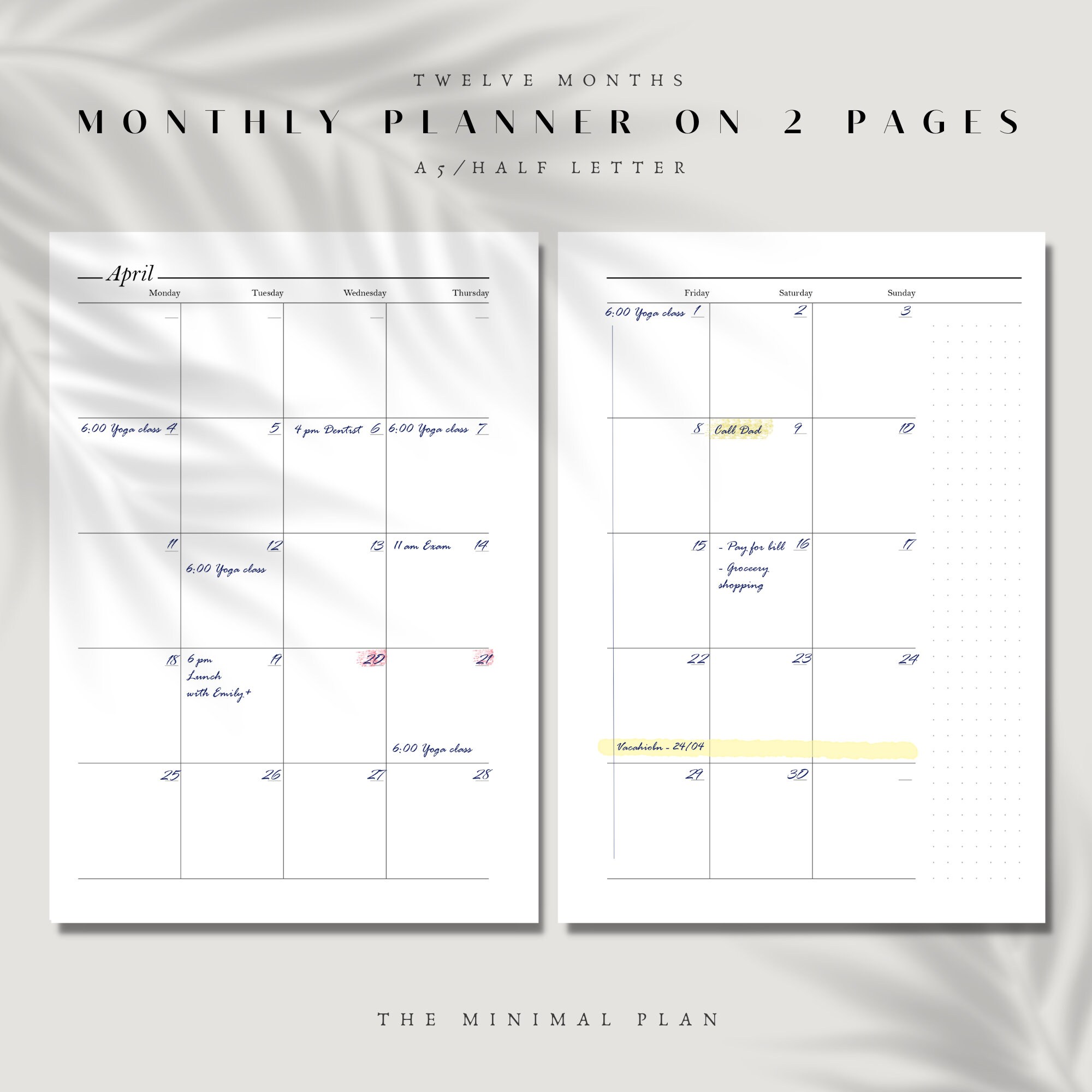 Monthly Planner Printable, Undated Month on 2 Pages, Calendar, Month at ...