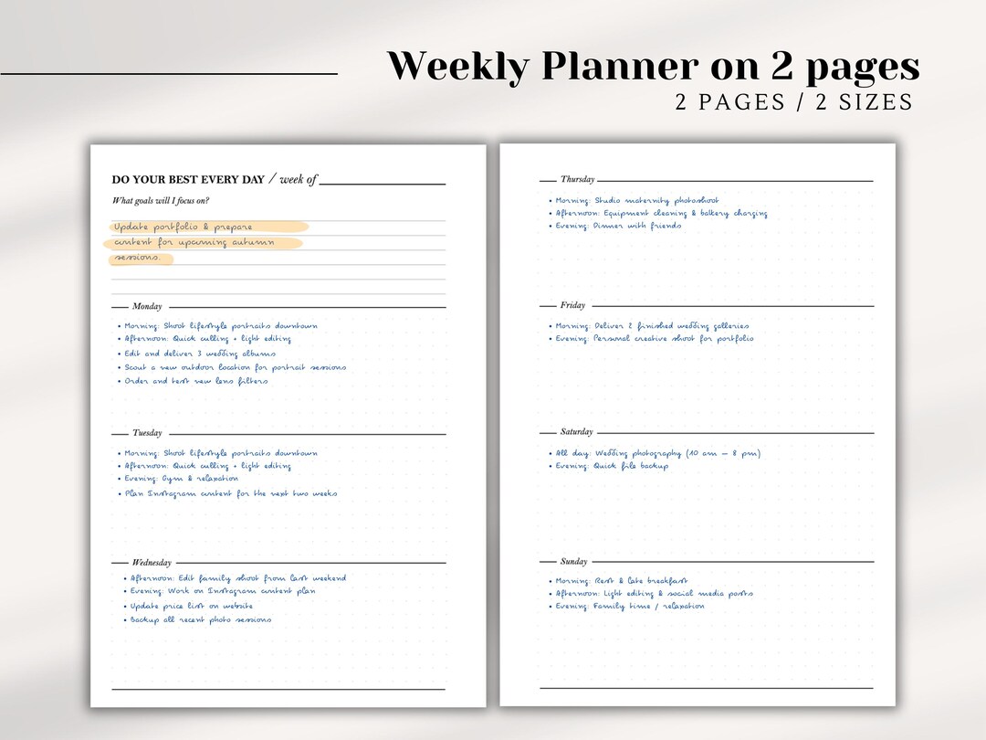 Printable Weekly Planner, Week on 2 Pages, A5, Half Letter (PDF) - Etsy