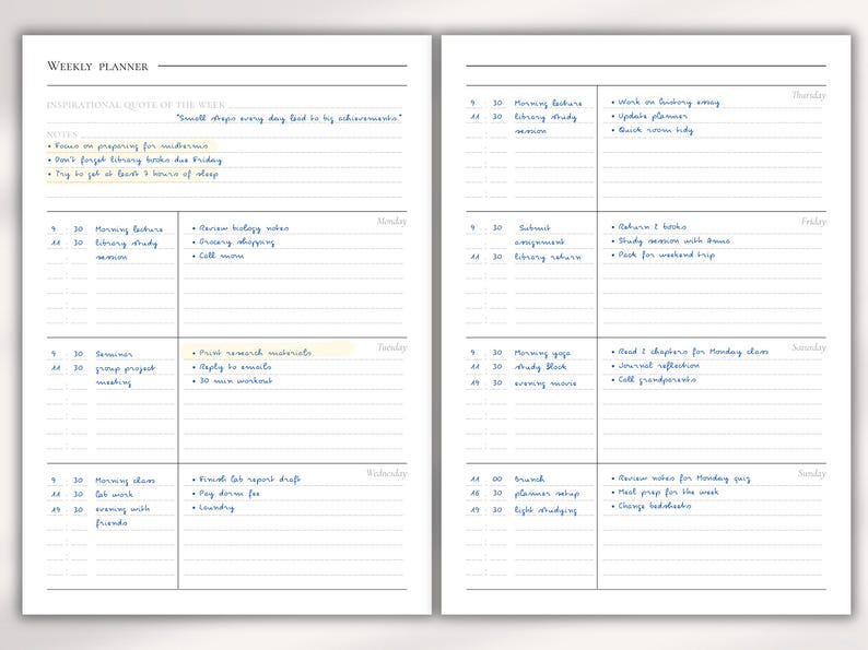 Weekly Planner, Week on 2 Pages, Week at a Glance, Weekly Schedule ...