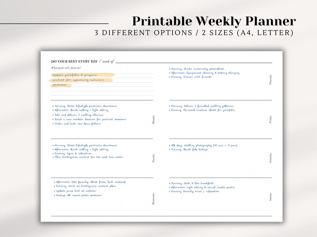 Printable Weekly Planner | One Page Layout | A4 and US Letter PDF ...