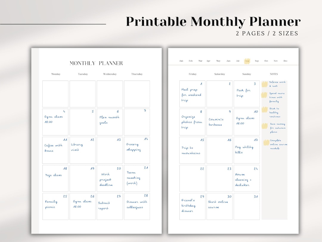 2-page Monthly Planner, Printable PDF, Minimalist Calendar Insert ...