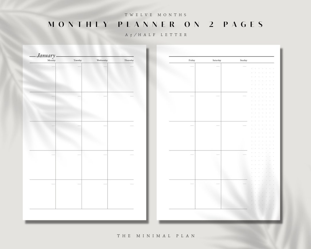 Monthly Planner Printable, Undated Month on 2 Pages, Calendar, Month at ...