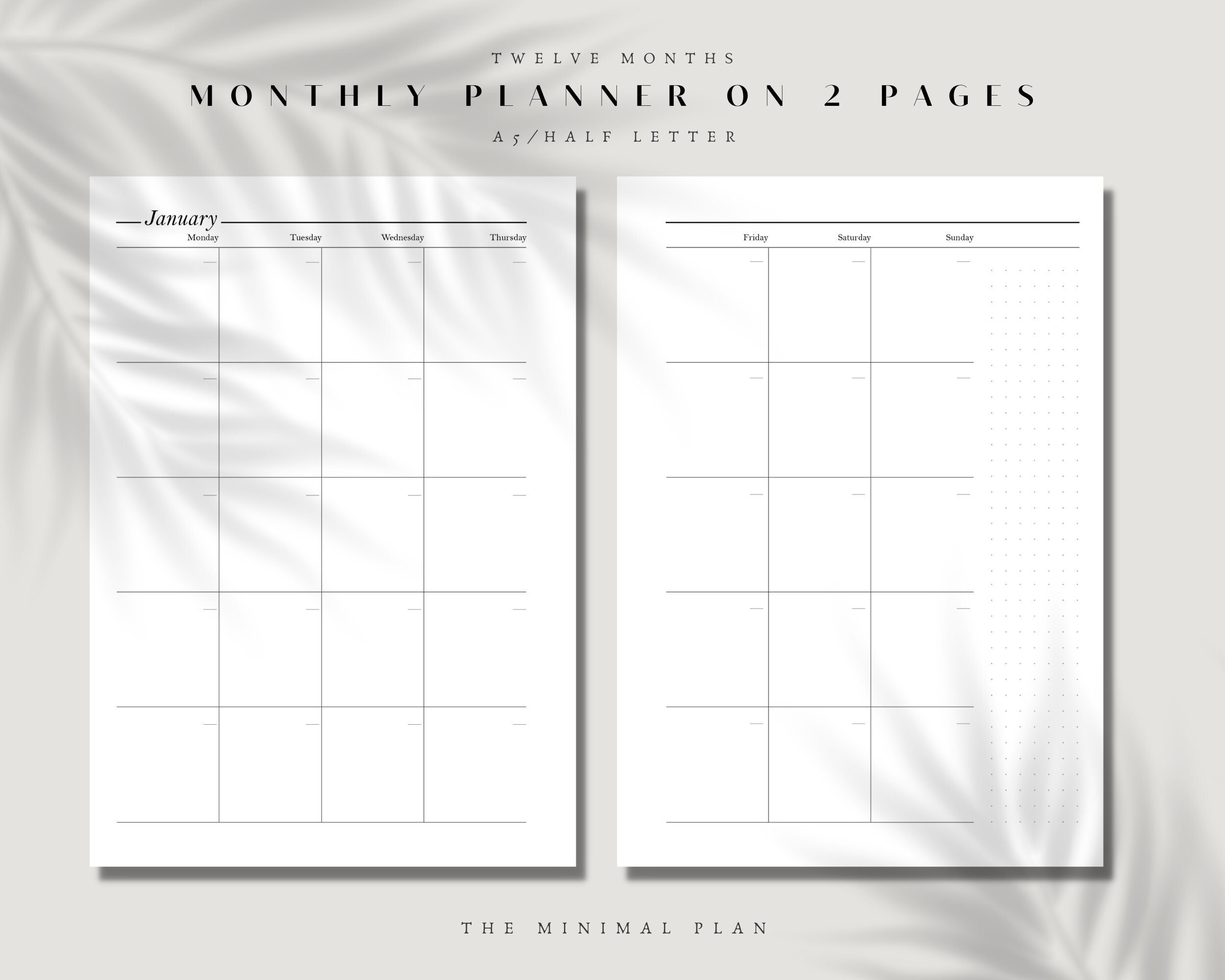 Monthly Planner Printable, Undated Month on 2 Pages, Calendar, Month at ...