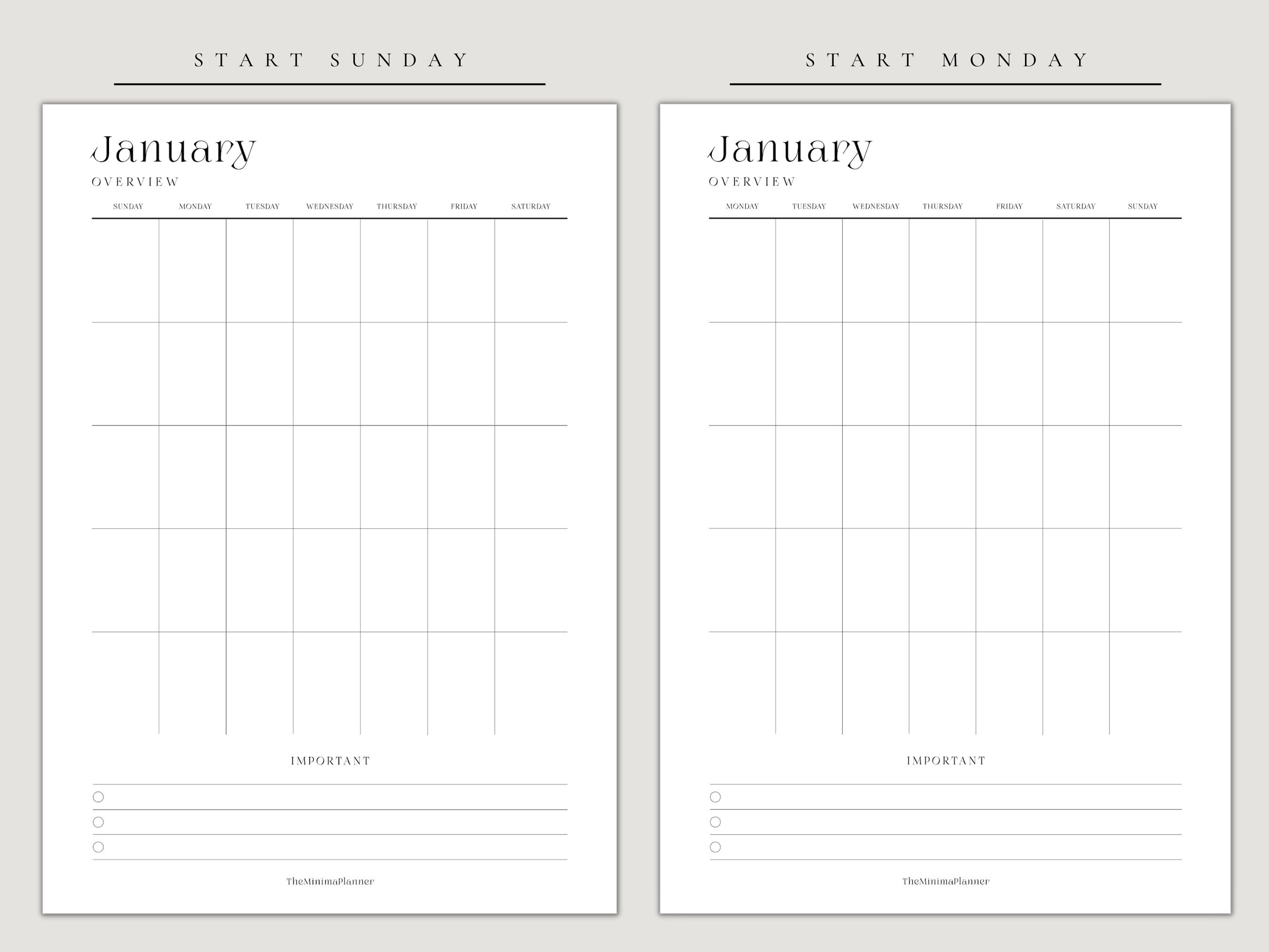Undated Monthly Calendar, Printable Planner, Dashboard Planner, Inserts ...