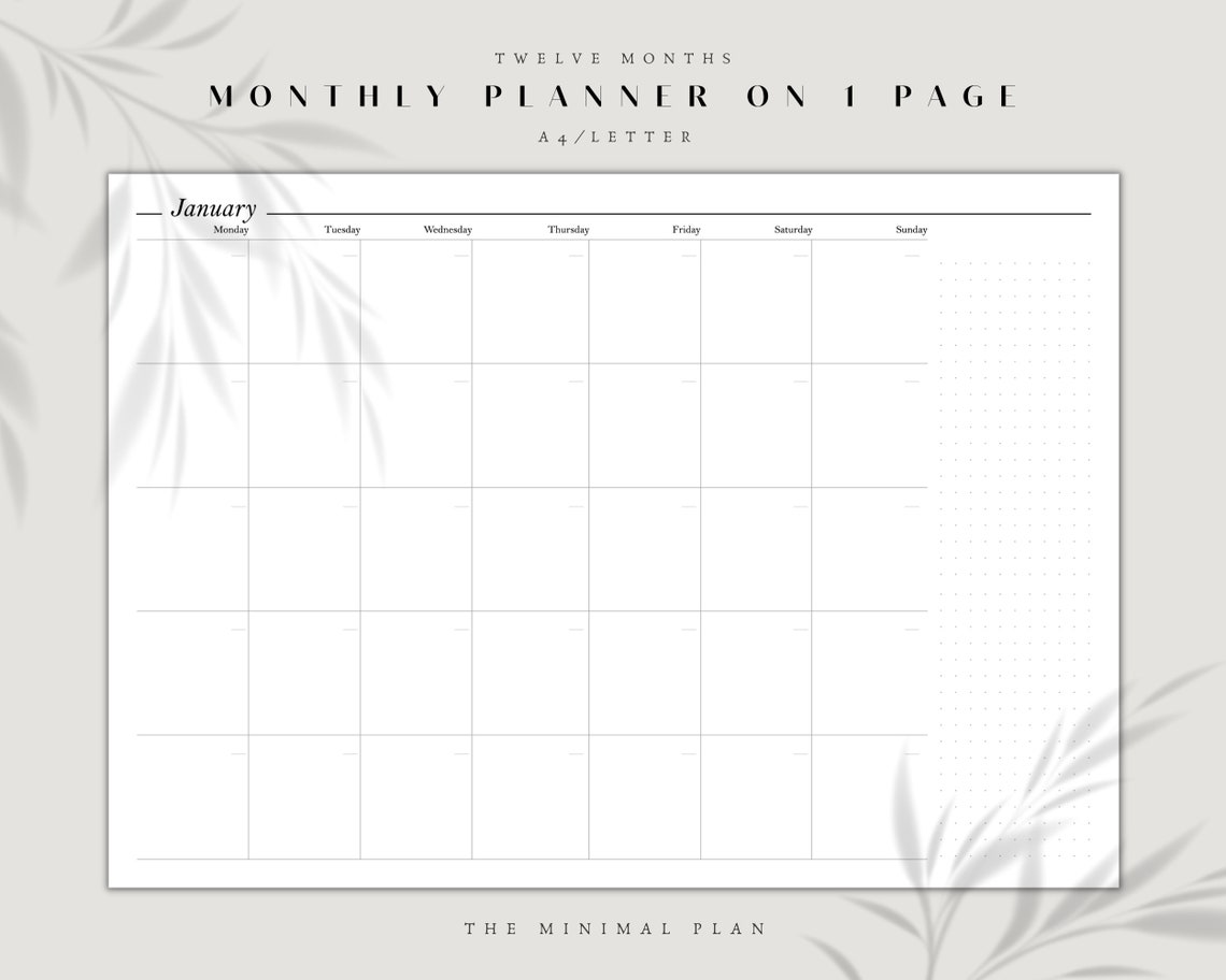 Monthly Planner Printable, Undated Month on 1 Page, Calendar, Month at ...