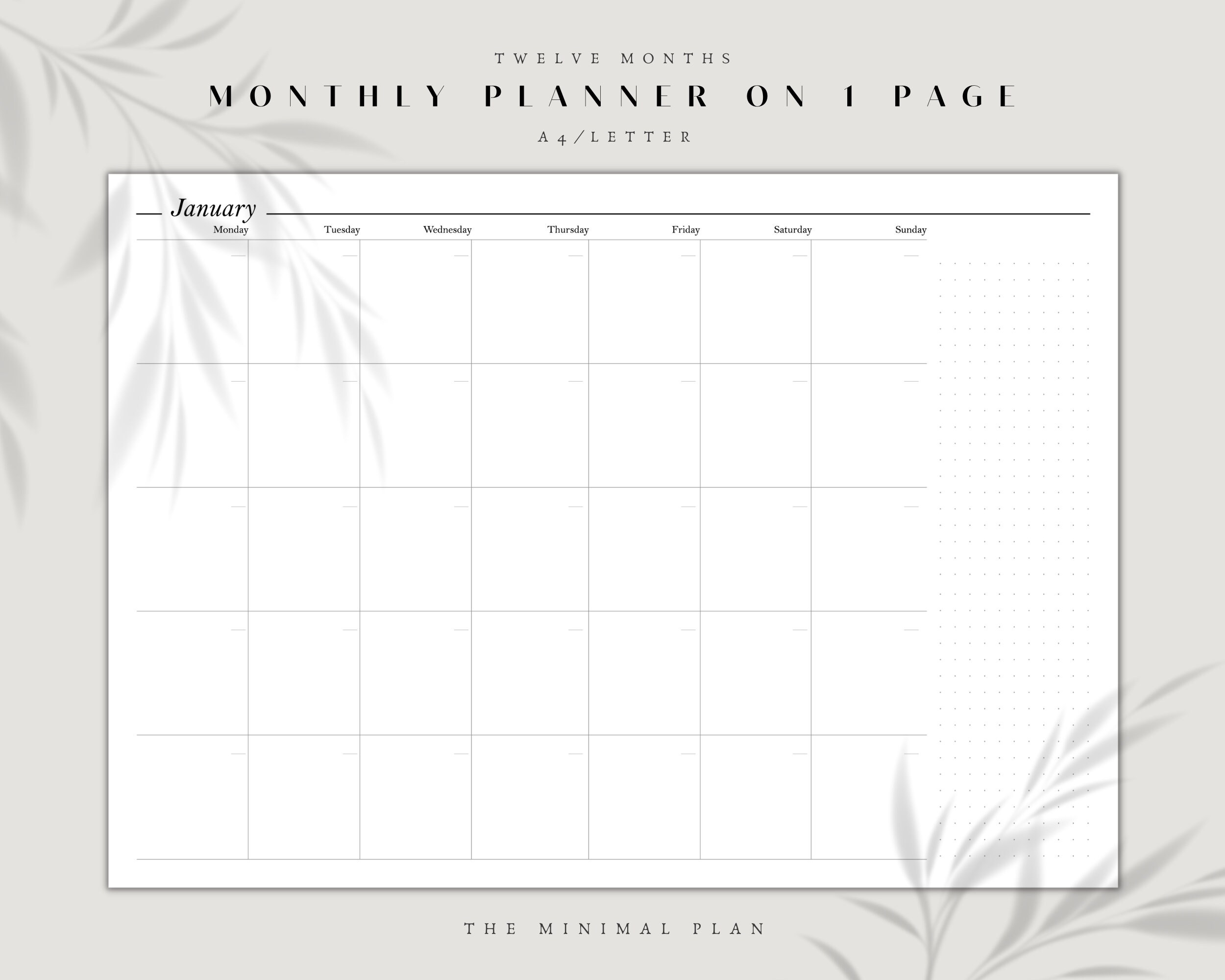 Monthly Planner Printable, Undated Month on 1 Page, Calendar, Month at ...