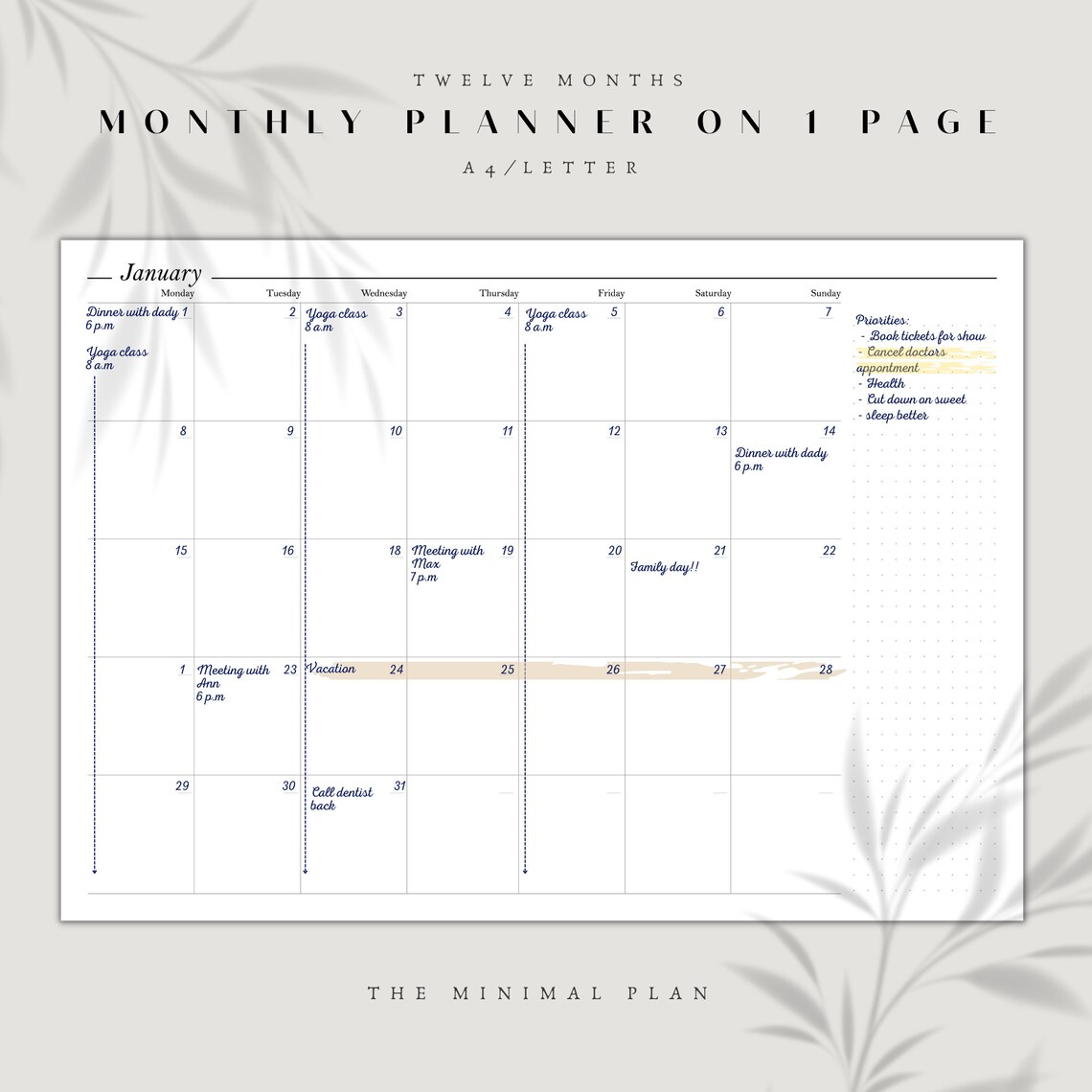 Monthly Planner Printable, Undated Month on 1 Page, Calendar, Month at ...