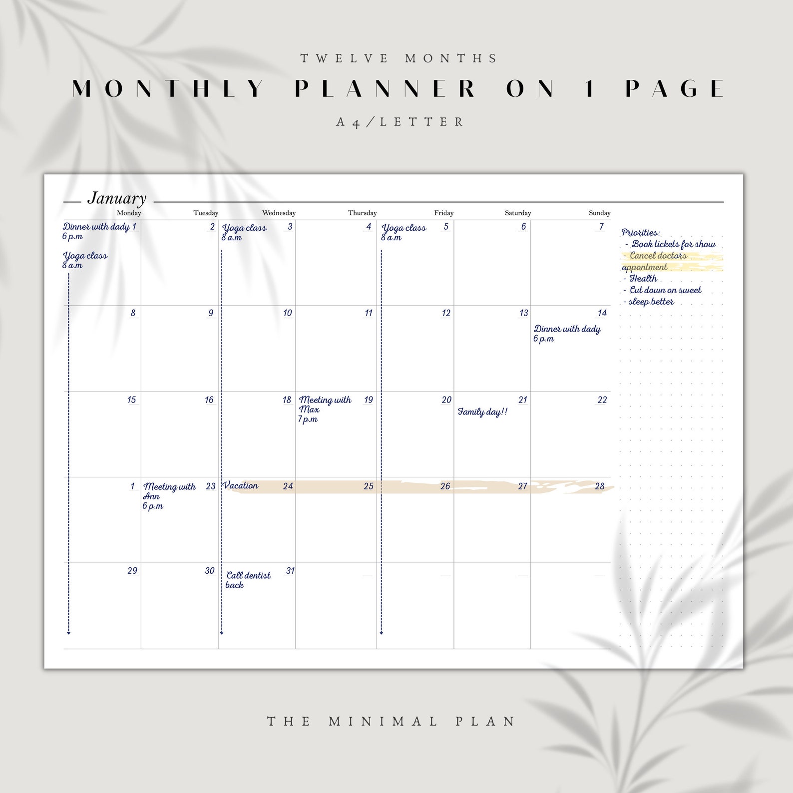 Monthly Planner Printable, Undated Month on 1 Page, Calendar, Month at ...