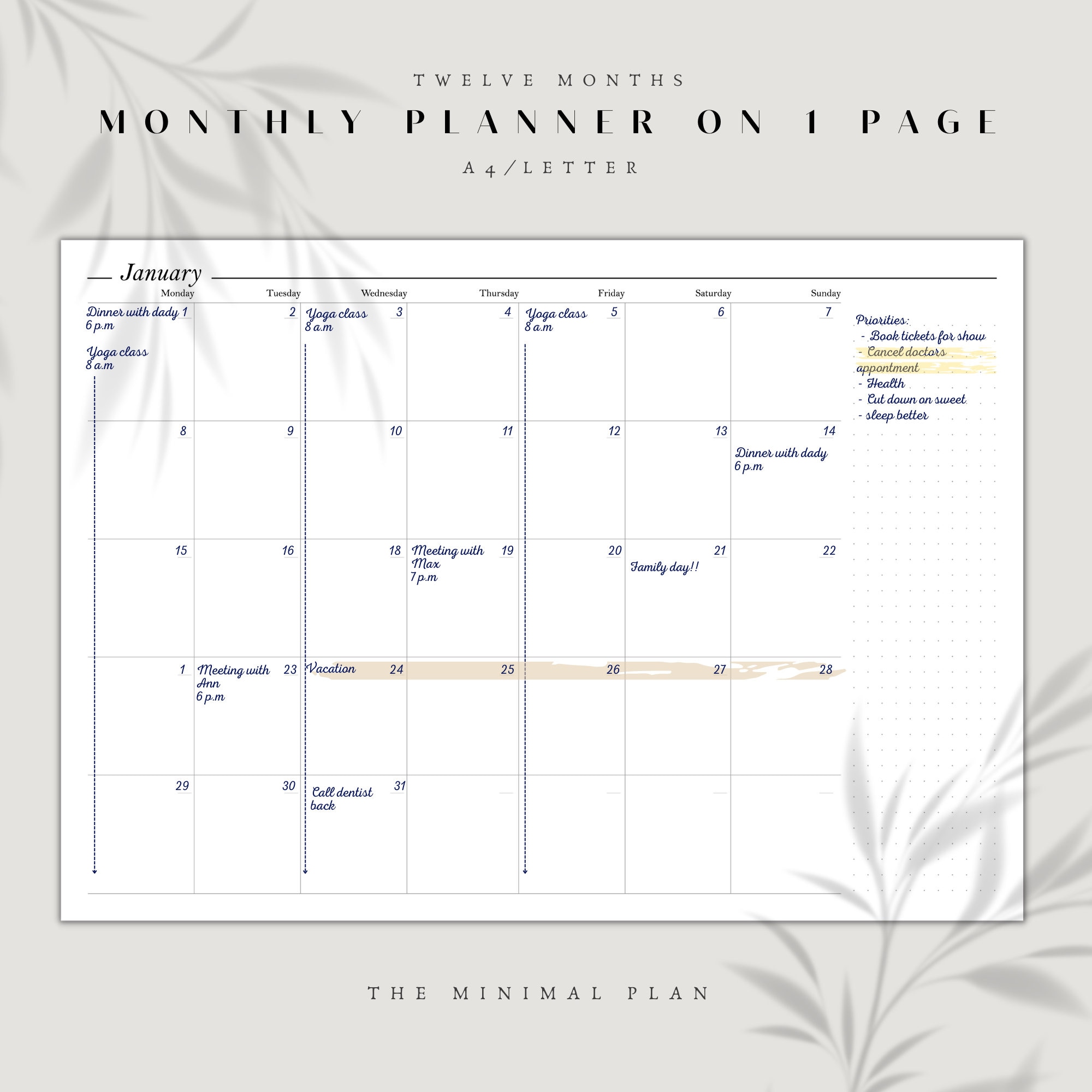 Monthly Planner Printable, Undated Month on 1 Page, Calendar, Month at ...