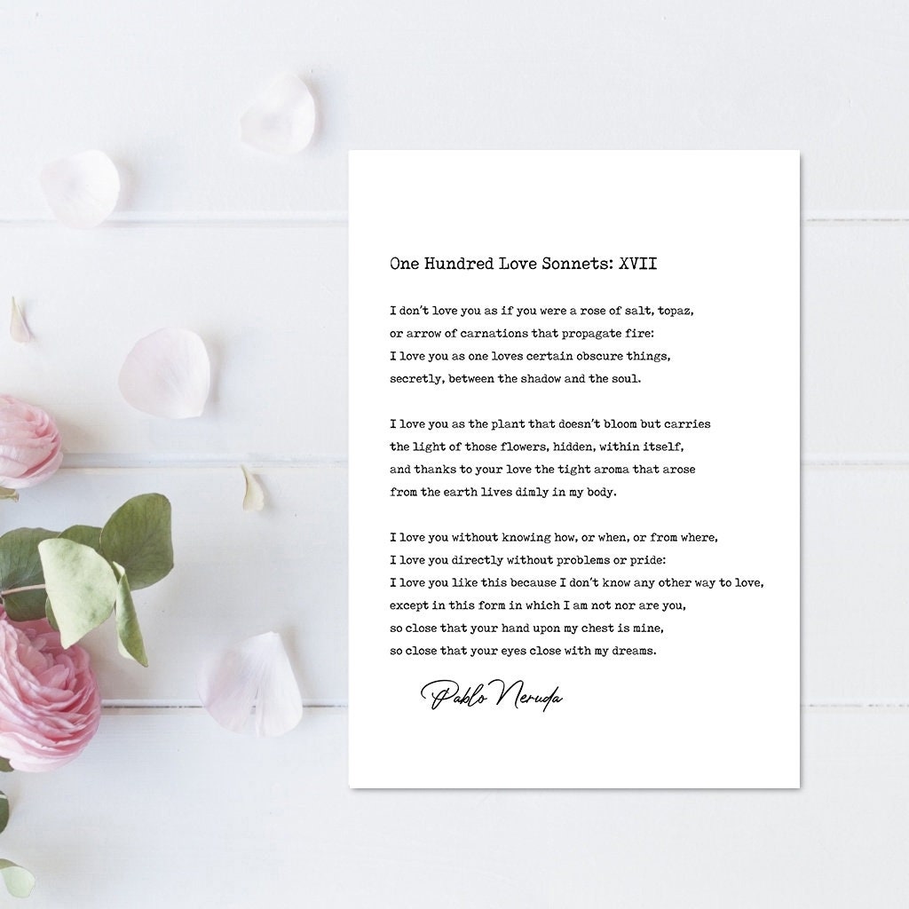 Love Sonnet XVII, Pablo Neruda Print, Typographic Print, Love Poem ...
