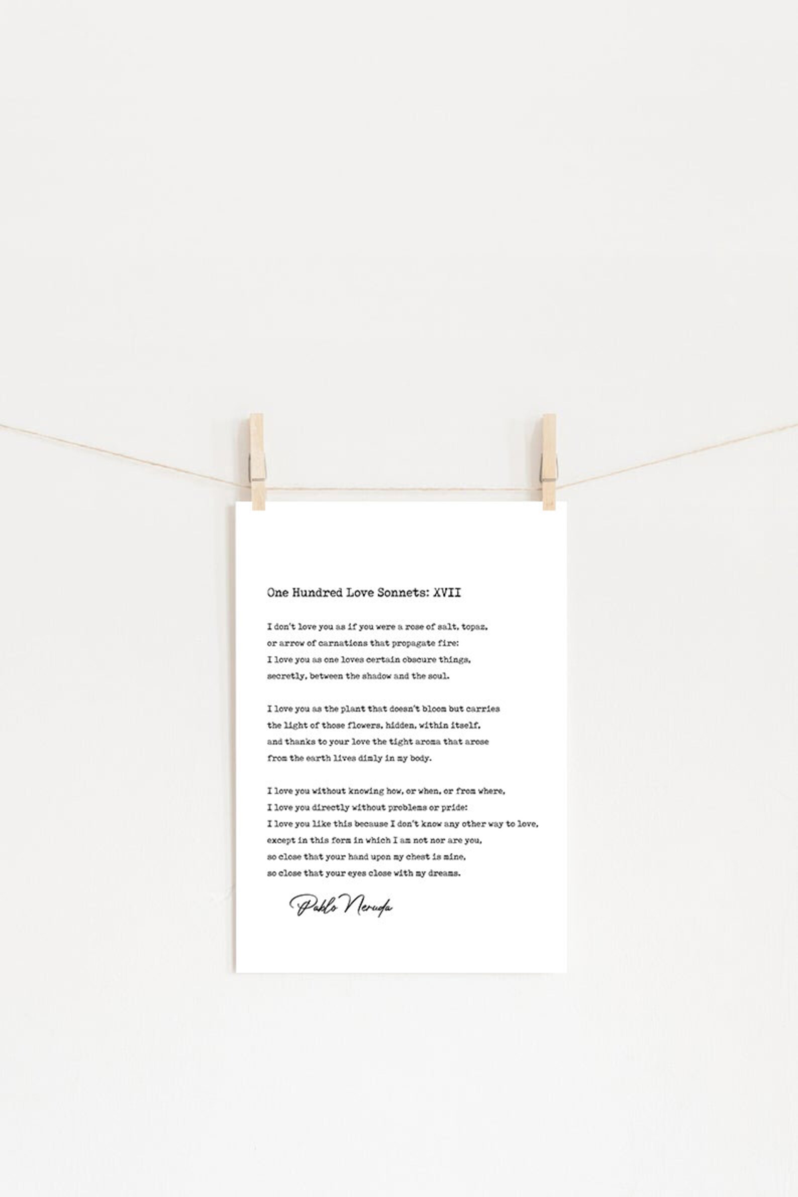 Love Sonnet XVII, Pablo Neruda Print, Typographic Print, Love Poem ...