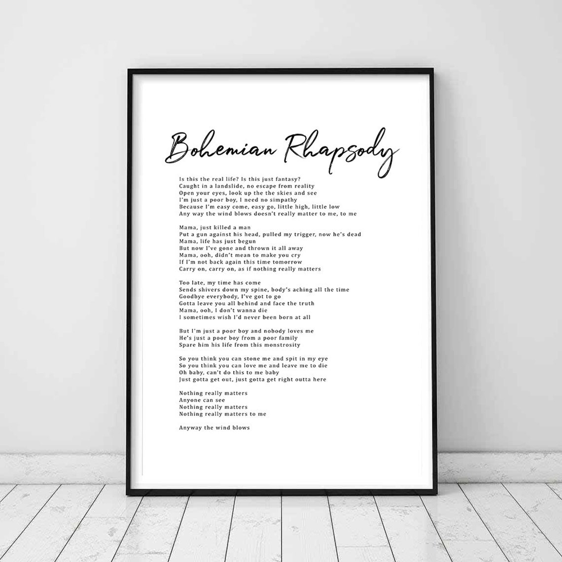 Bohemian Rhapsody, Freddy Mercury, Queen Lyrics Print, Printable Queen ...