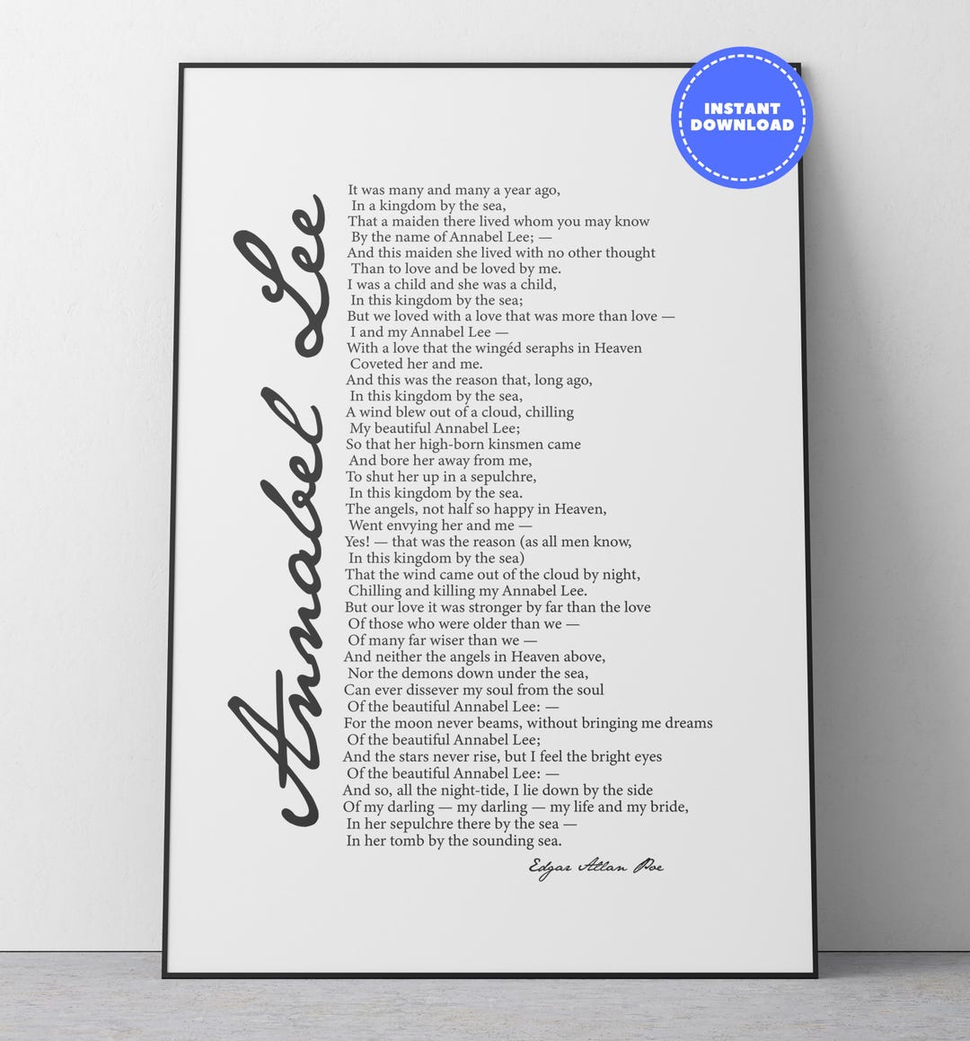 Edgar Allan Poe Annabel Lee Printable Wall Art – Gothic Poetry Decor ...