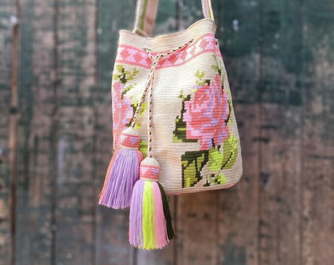 Mochila Wayuu Bag in a Single Thread, Special Design of Roses in Pink ...