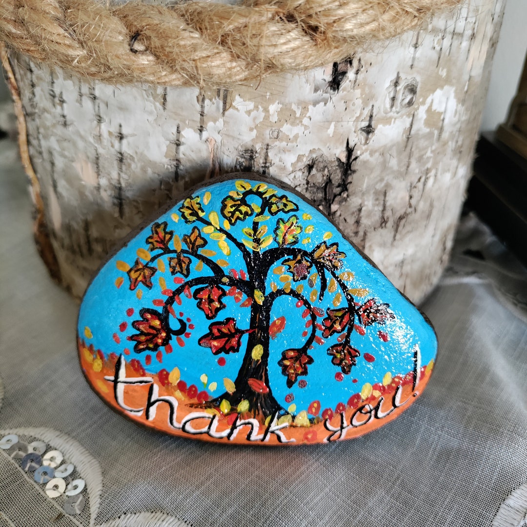 Thank You Painted Rock, Painted Fall Tree Stone, Rock Art, Paperweight ...