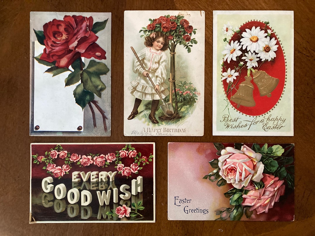 Vintage Set of 5 Postcards Birthday Flowers Roses Daisies Topiary Junk ...