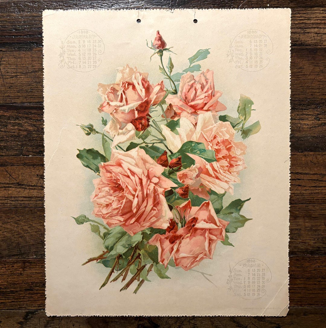 PAUL DE LONGPRE 1898 Rose Calendar Page Antique Litho Ephemera Vintage ...