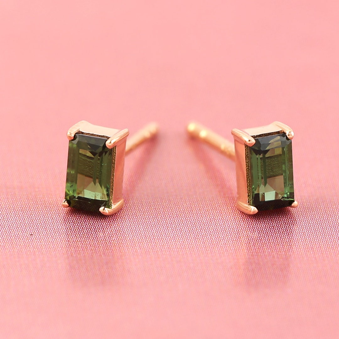 Green Tourmaline Studs Earrings, Minimalist Studs, Delicate Earrings, 18k Gold Studs, Wedding ...