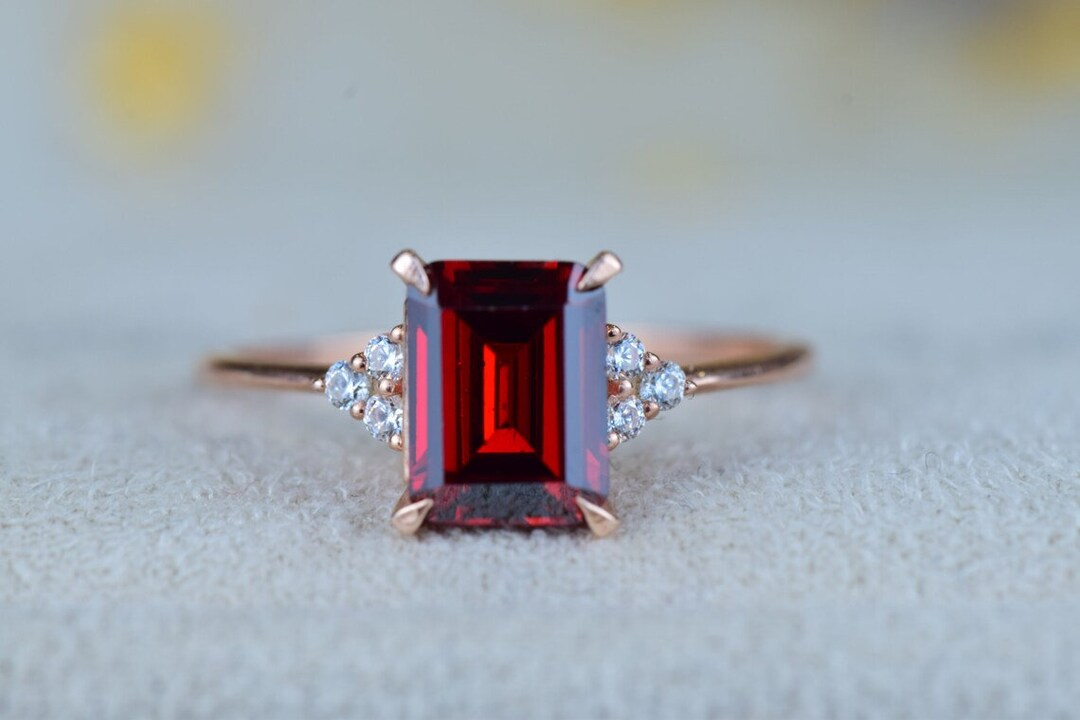 14K Solid Rose Gold Garnet Ring, Engagement Emerald Cut Garnet Ring ...