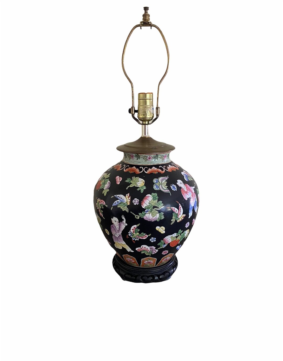 Chinese Black Vase With Multicolored Flowers Table Lamp - Etsy