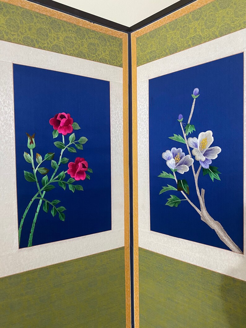 Korean Asian Large 6-panel Silk Embroidered Flowers Screen - Etsy