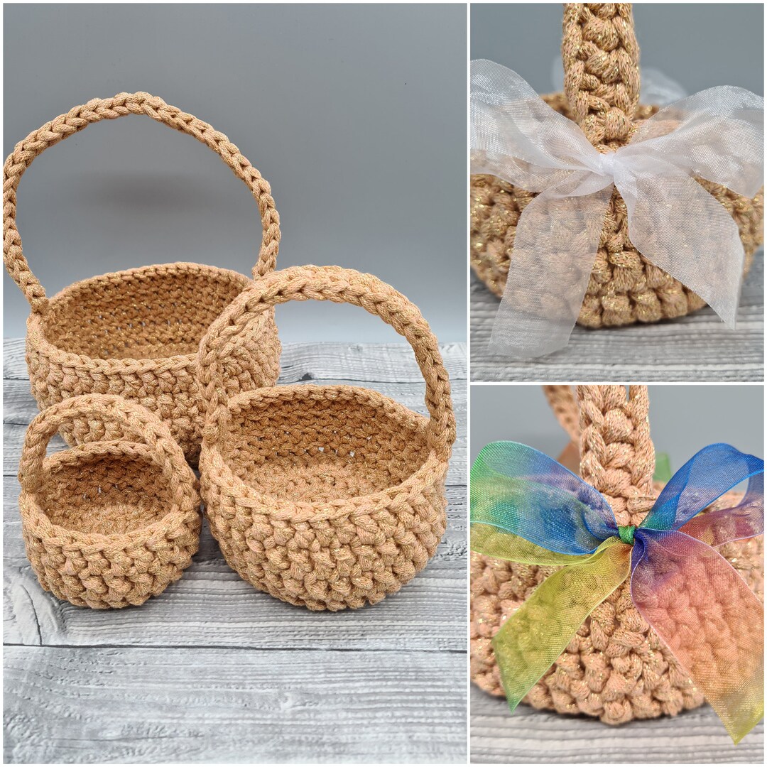 Rose Gold Basket Crochet Deluxe Sparkly White or Rainbow Ribbon Easter ...