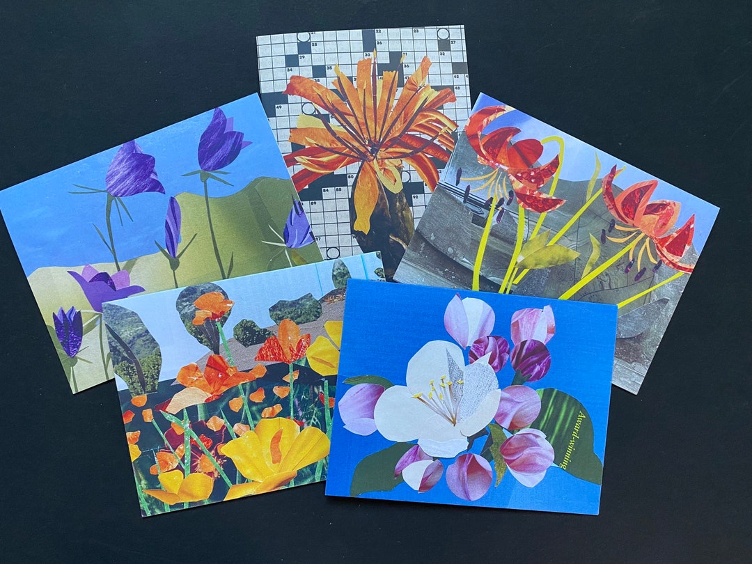 Flower Notecards, Original Paper Collage Prints, Set of 5 - Etsy