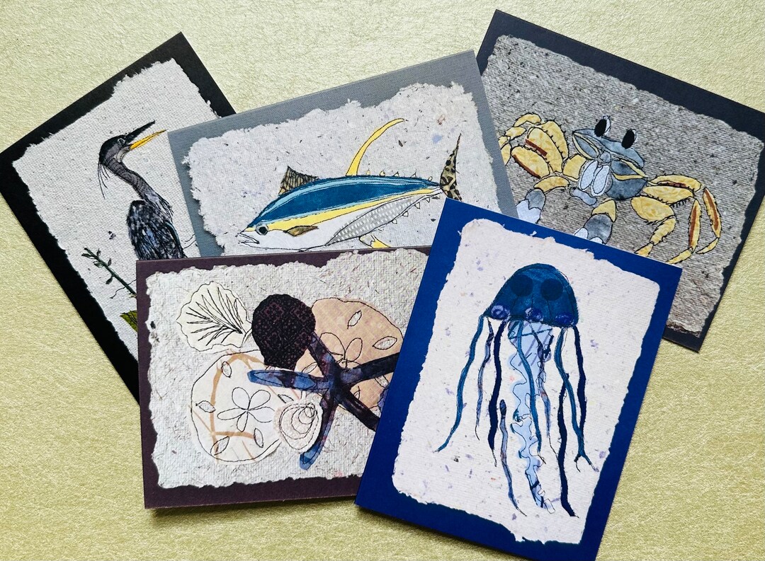 Beach Theme Notecards, Blank Folded Prints of Textile Collage Art. Set ...