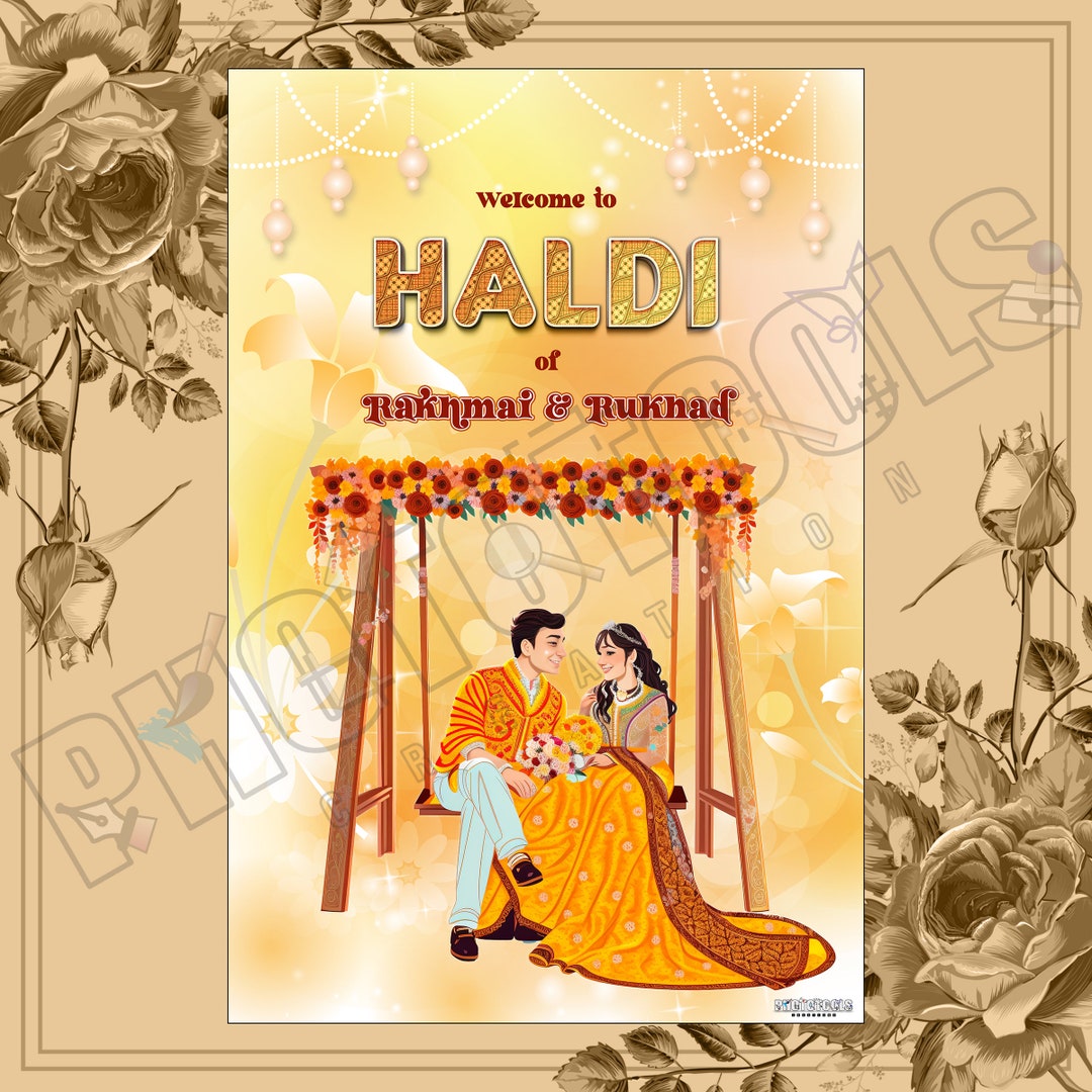 Haldi Ceremony Indian Wedding Day Welcome Sign With Couple Illustration ...