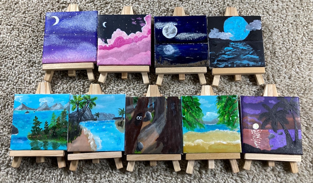 Miniature Landscape Painting With Easel – Hand-painted 3x3 Canvas Art ...