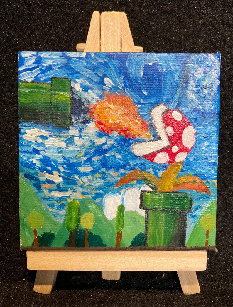 Super Mario Mini Canvas Piranha Plant Handpainted Acrylic Paint Unique ...