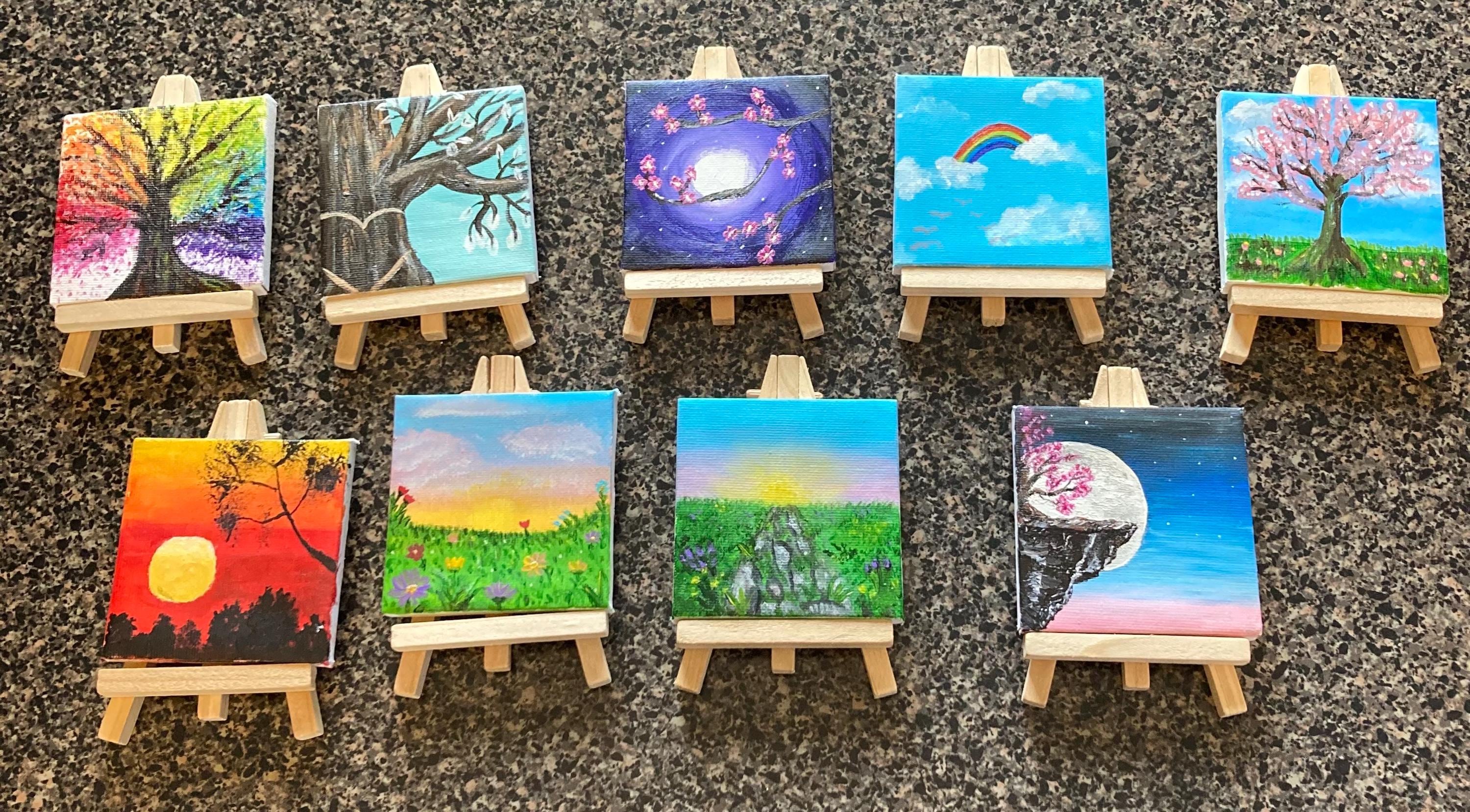 Handpainted Acrylic Mini Canvas | 3”x3” Stretched Canvas With Eisel ...