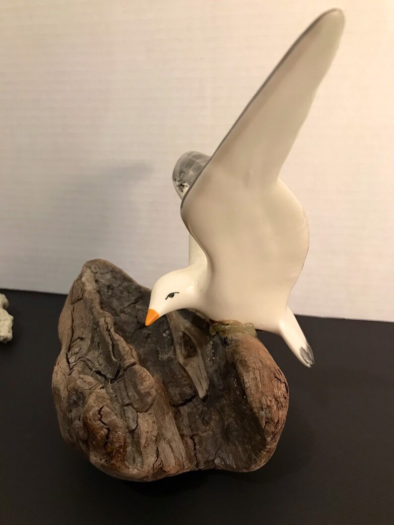 Beautiful Antique Folk Art Porcelain Seagull Bird Perched on Wood Knot ...