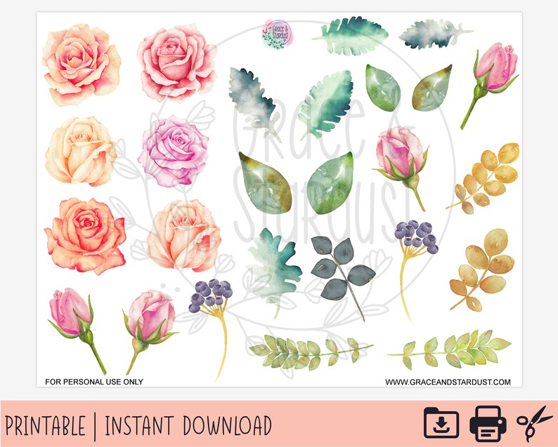 Printable Flower Stickers | PNG Sticker Sheets | Watercolor Rose ...