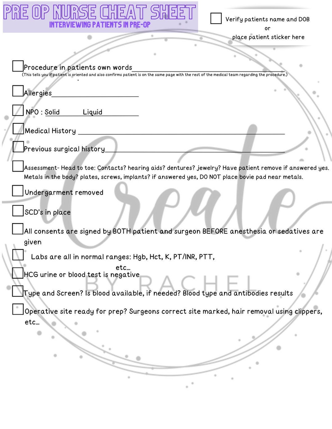 Operating Room Nurse Cheat Sheet PDF, Circulator Nurse, Surgery Cheat ...