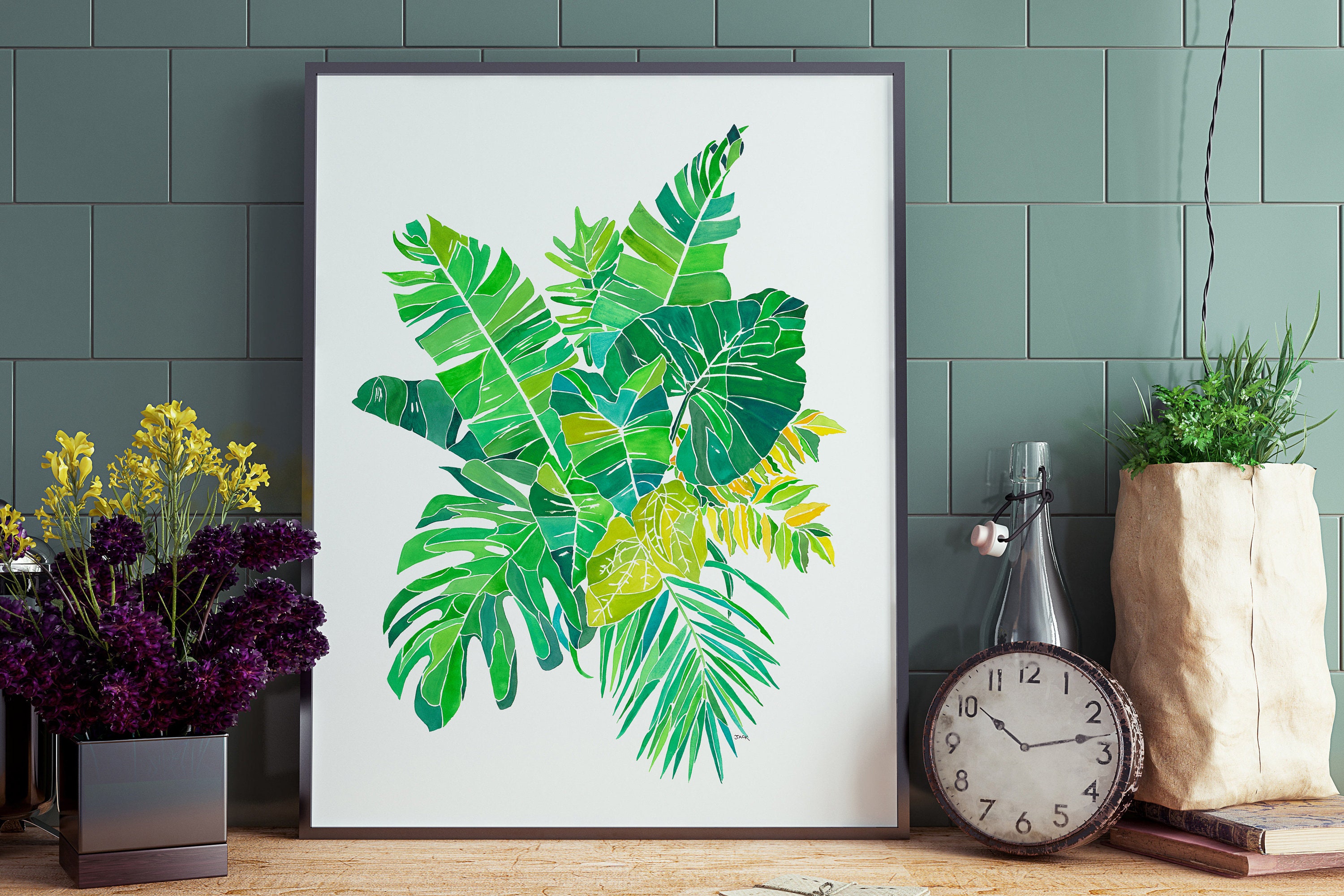 Tropical Leaf Print, Botanical Watercolor Painting, Green Leaf Wall Art ...