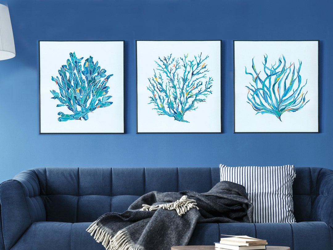 3 Piece Wall Art Coastal Prints, Coral Watercolor, Coral Turquoise ...