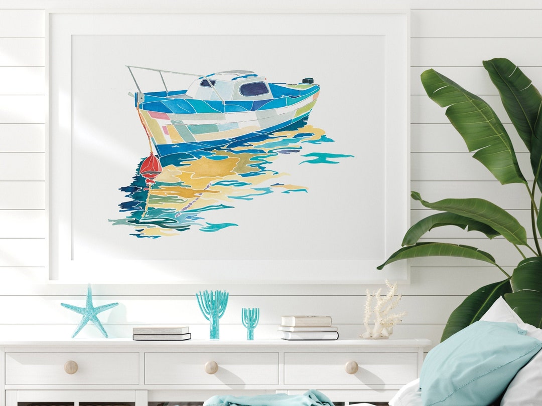 Coastal Boat Print, Nautical Living Room Wall Art, Seascape Boat Art ...