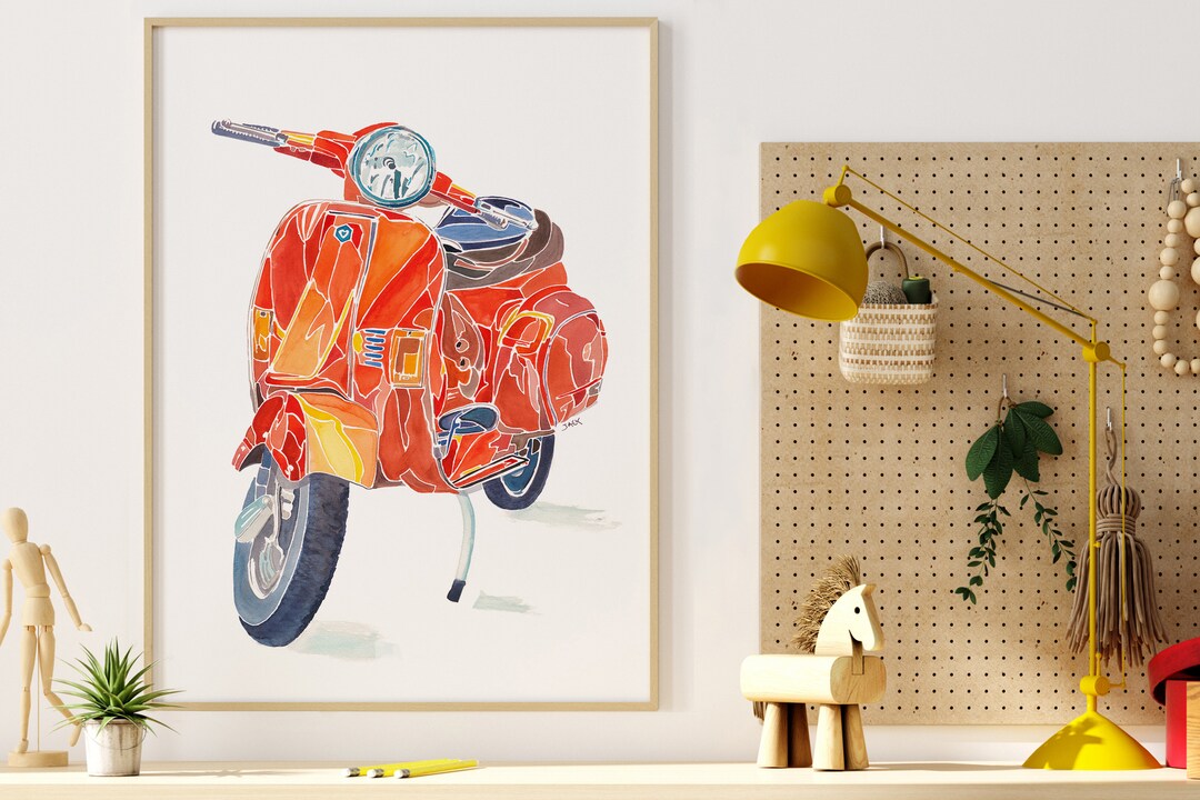 Red Scooter Watercolor Art Print, Trendy Modern Colorful Wall Art, Room ...