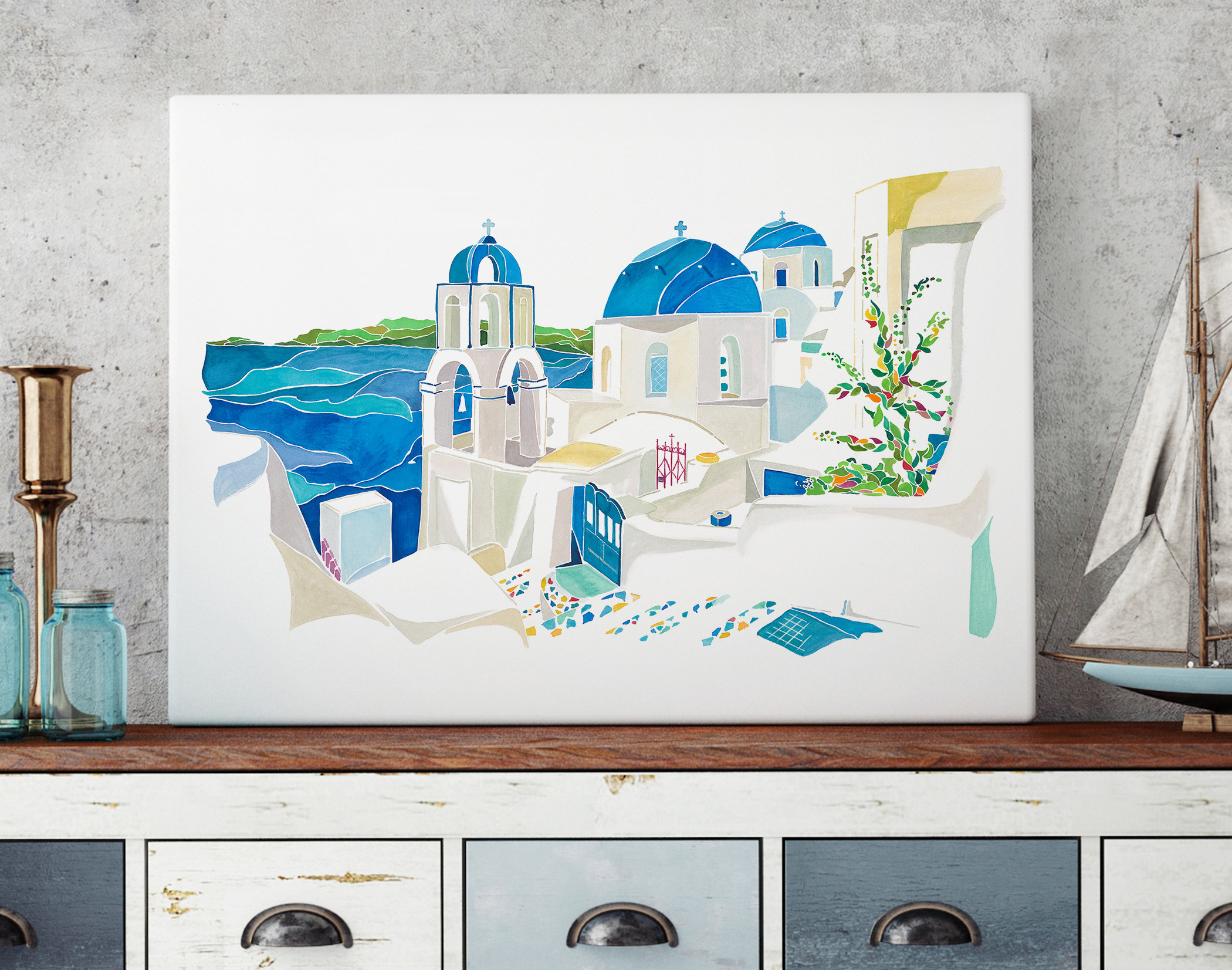 Santorini Greece Art Print, Greek Landscape Painting, Ocean Watercolor ...