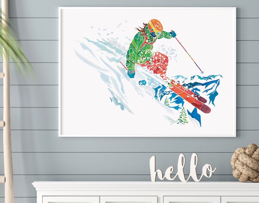 Ski Art Watercolor Painting, Skiing Poster, Skier Art Print, Winter ...