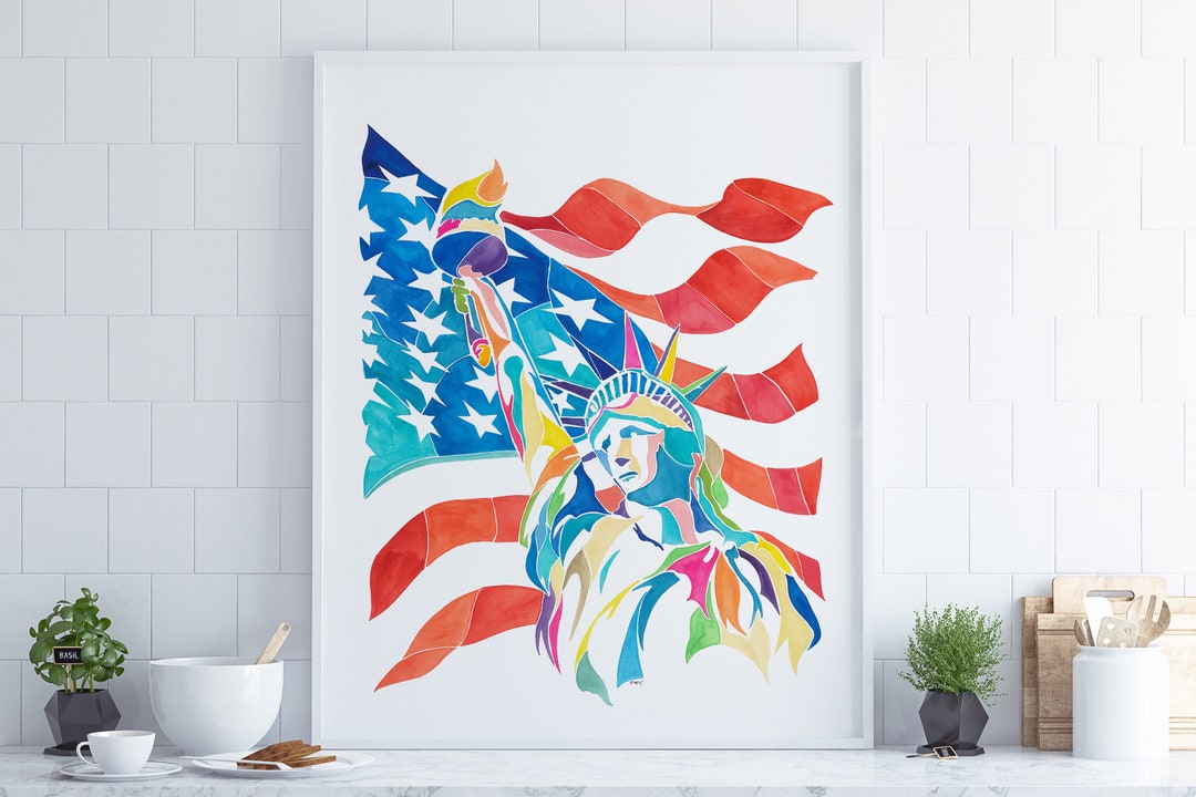 New York Poster, Statue of Liberty Print, American Flag Wall Décor ...