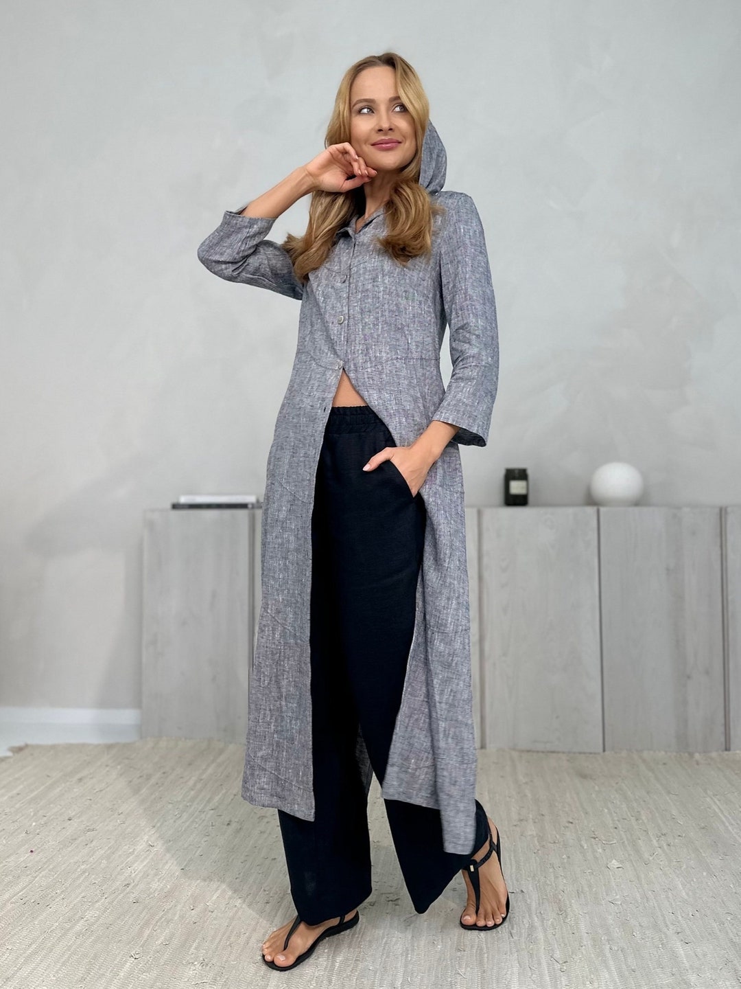 100% Linen Long Coat-dress With a Hood and With Hand Embroidery/ 1285 ...